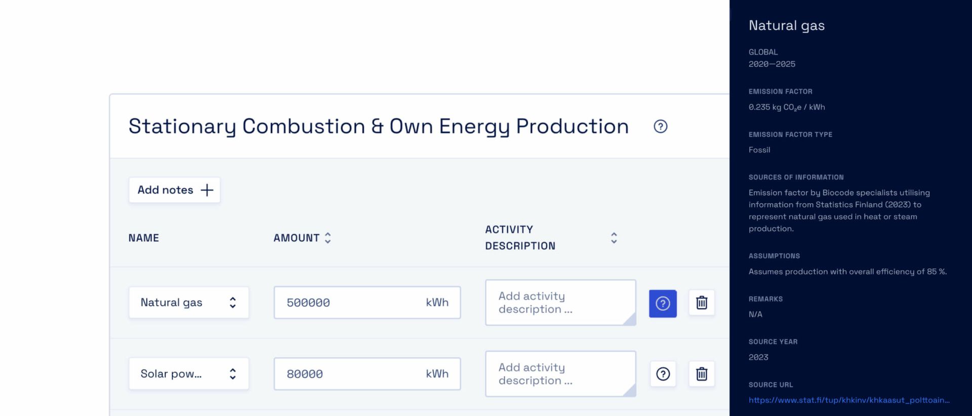 Emission factor database — Biocode